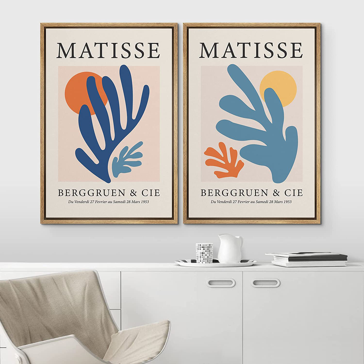 IDEA4WALL Framed Canvas Print Wall Art Set Matisse Blue Orange Floral Plant Sun Collage Abstract ...